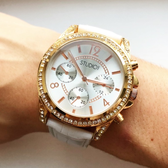 Studio Time | Accessories | Rose Gold White Leather Studio Time Watch ...